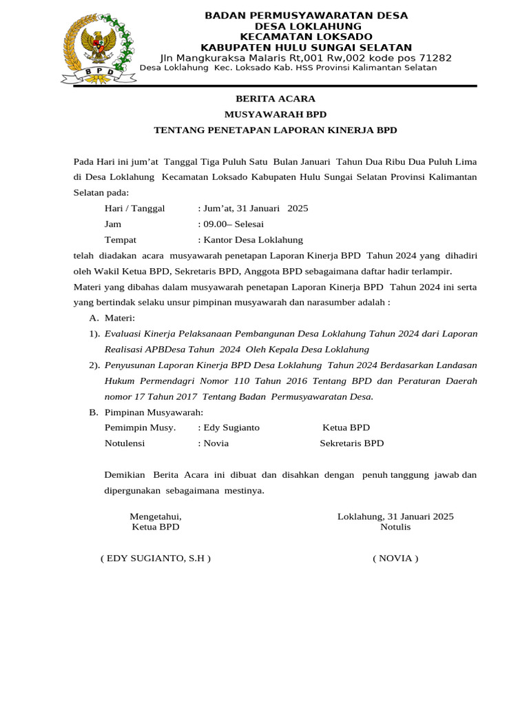 Berita Acara Penyusunan Laporan Kenerja BPD 2 FIXX | PDF