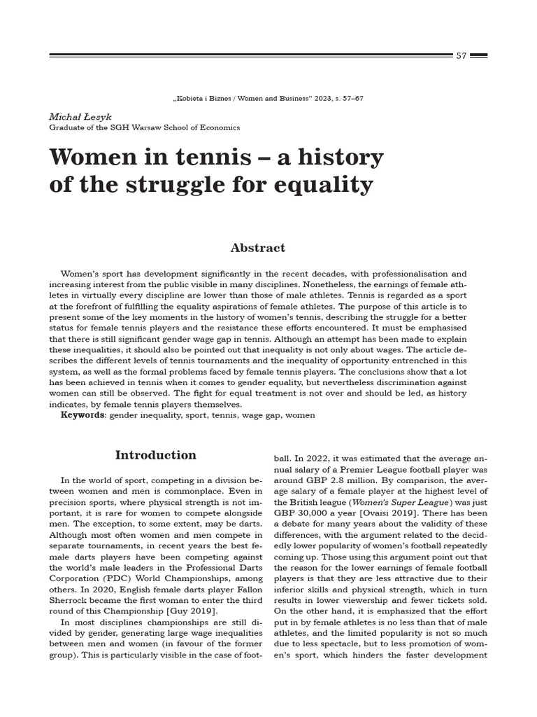 Women in Tennis A History of The Struggle For Equality | PDF | Sports