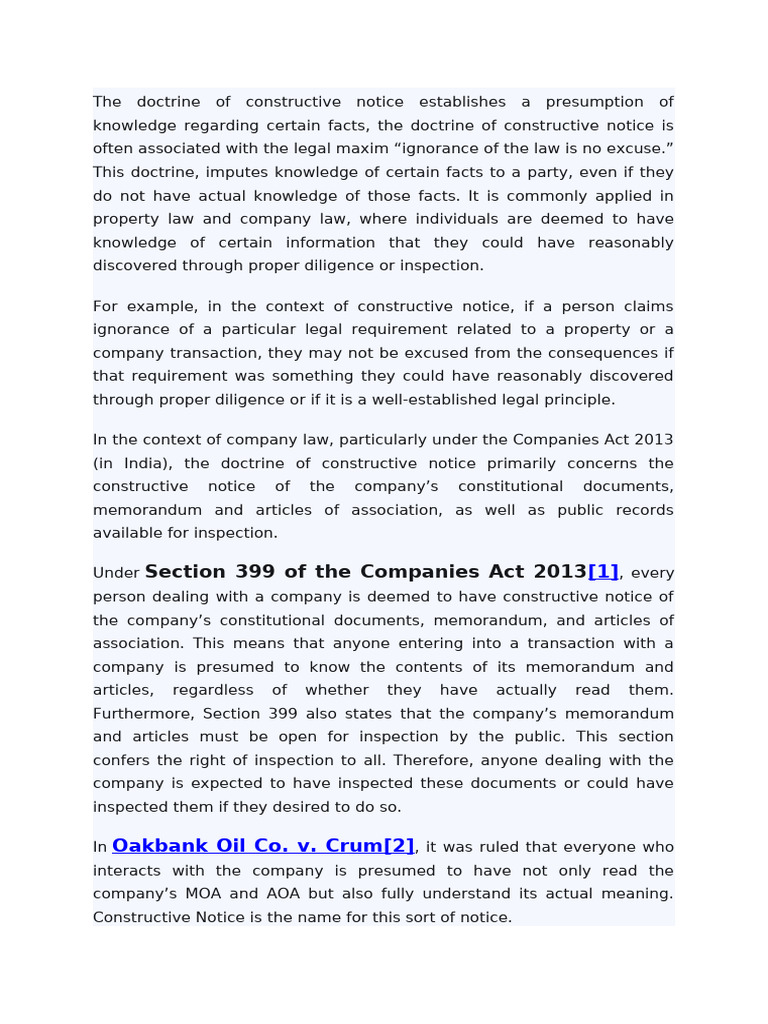 Doctrine of Constructive Notice and Indoor Notice | PDF | Knowledge | Due Diligence