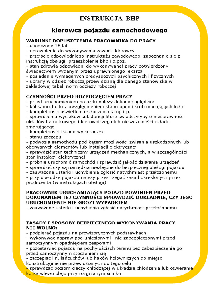 Instrukcja BHP Kierowca Pojazdu | PDF