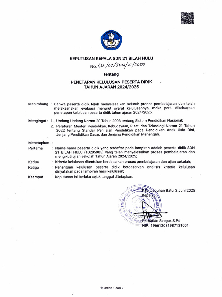 SPK SDN 21 Bilah Hulu | PDF
