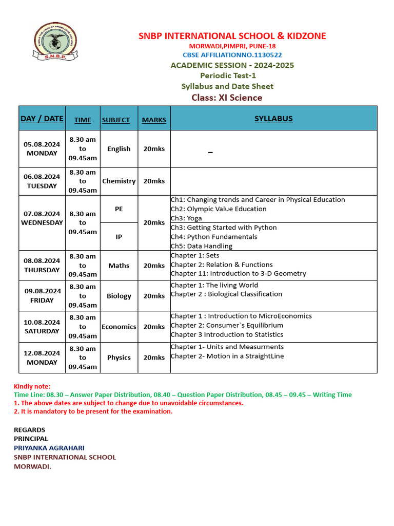 Class XI Science Test Schedule 2024 | PDF