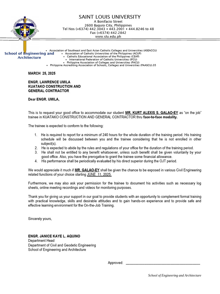 OJT Request for Civil Engineering Student | PDF