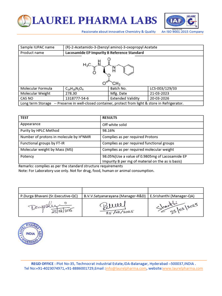 Lacosamide EP Impurity B COA | PDF