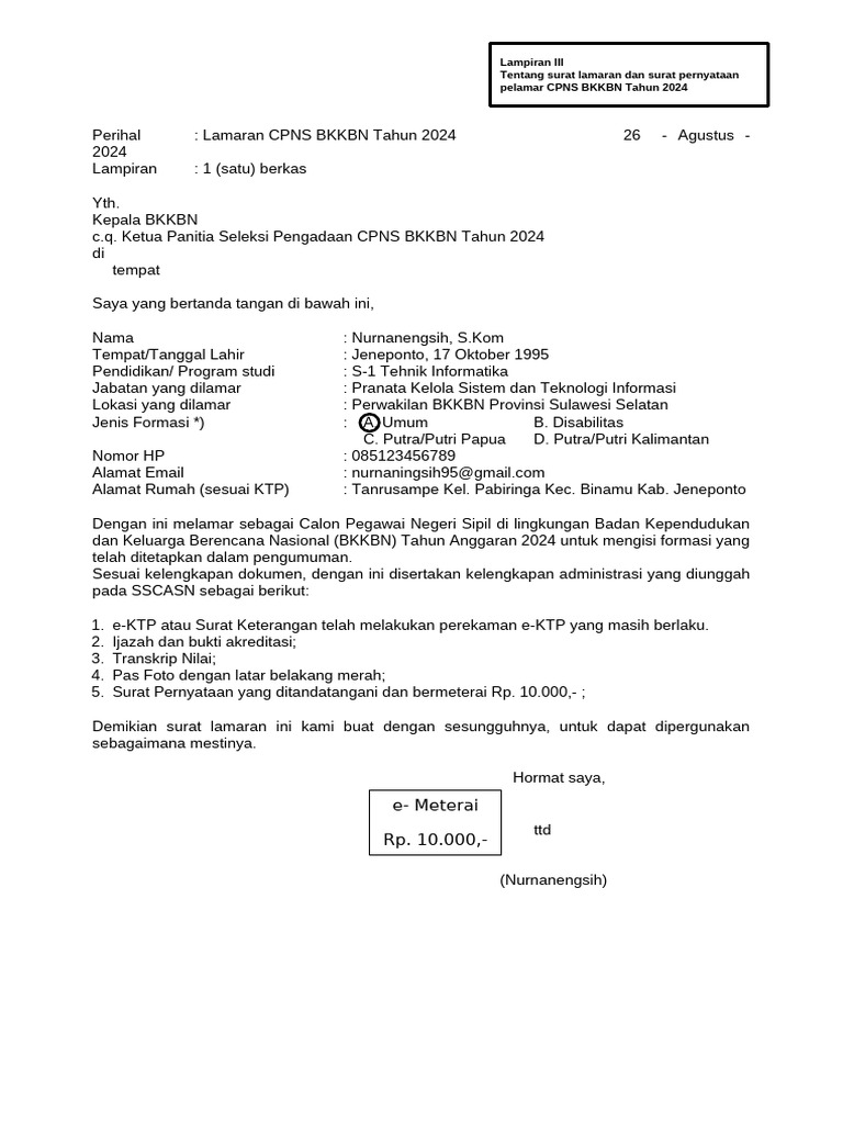 Lampiran III - Surat Lamaran & Surat Pernyataan BKKBN | PDF