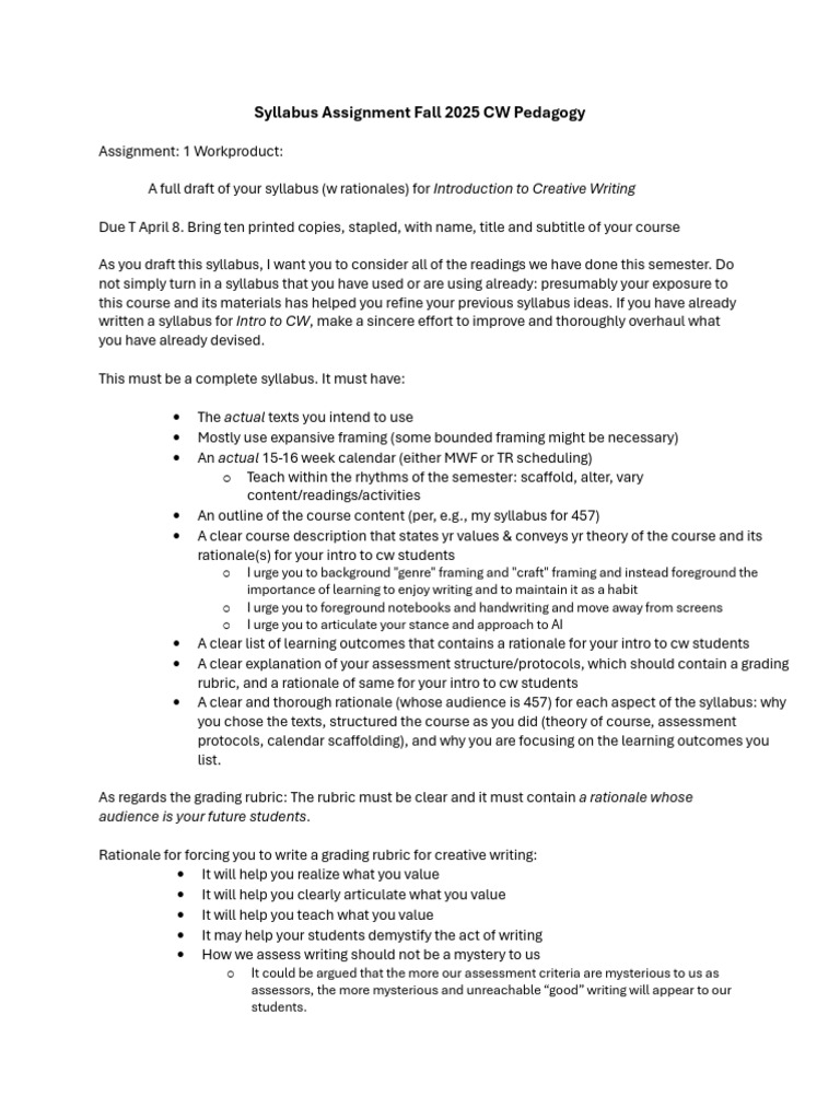 Syllabus Assignment Fall 2025 CW Pedagogy | PDF | Cognition | Human Communication
