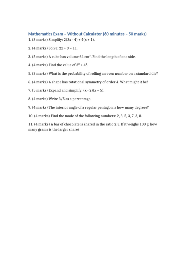 Math Exam Without Calculator | PDF