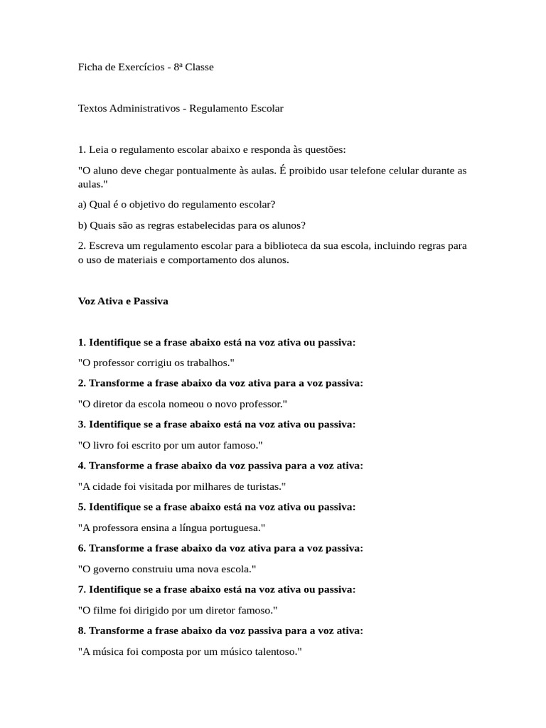 Ficha de Exercícios 8 Classe | PDF