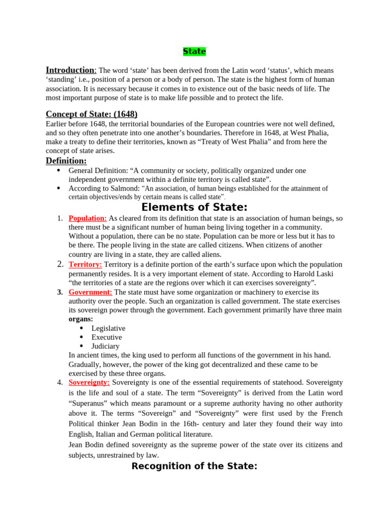 State, Its Elements, Recognition and Function Notes by M.saqib | PDF ...