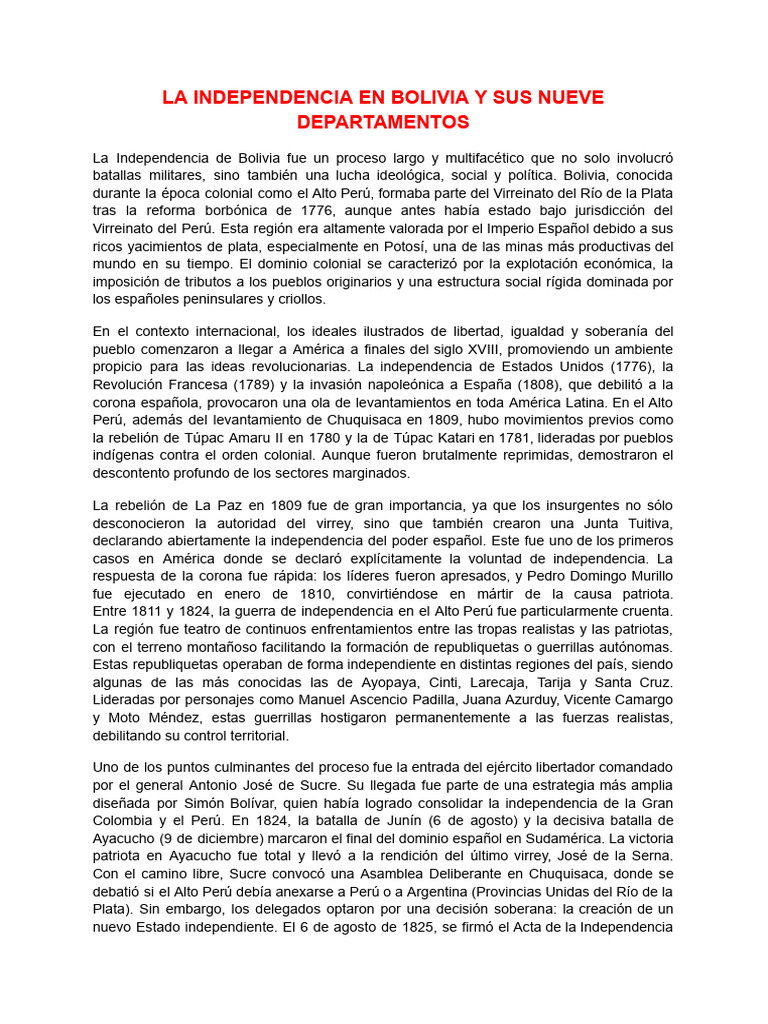 La Independencia en Bolivia y Sus Nueve Departamentos | PDF | Bolivia ...