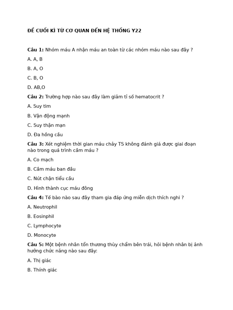 ĐỀ CUỐI KÌ TỪ CƠ QUAN ĐẾN HỆ THỐNG Y22 | PDF