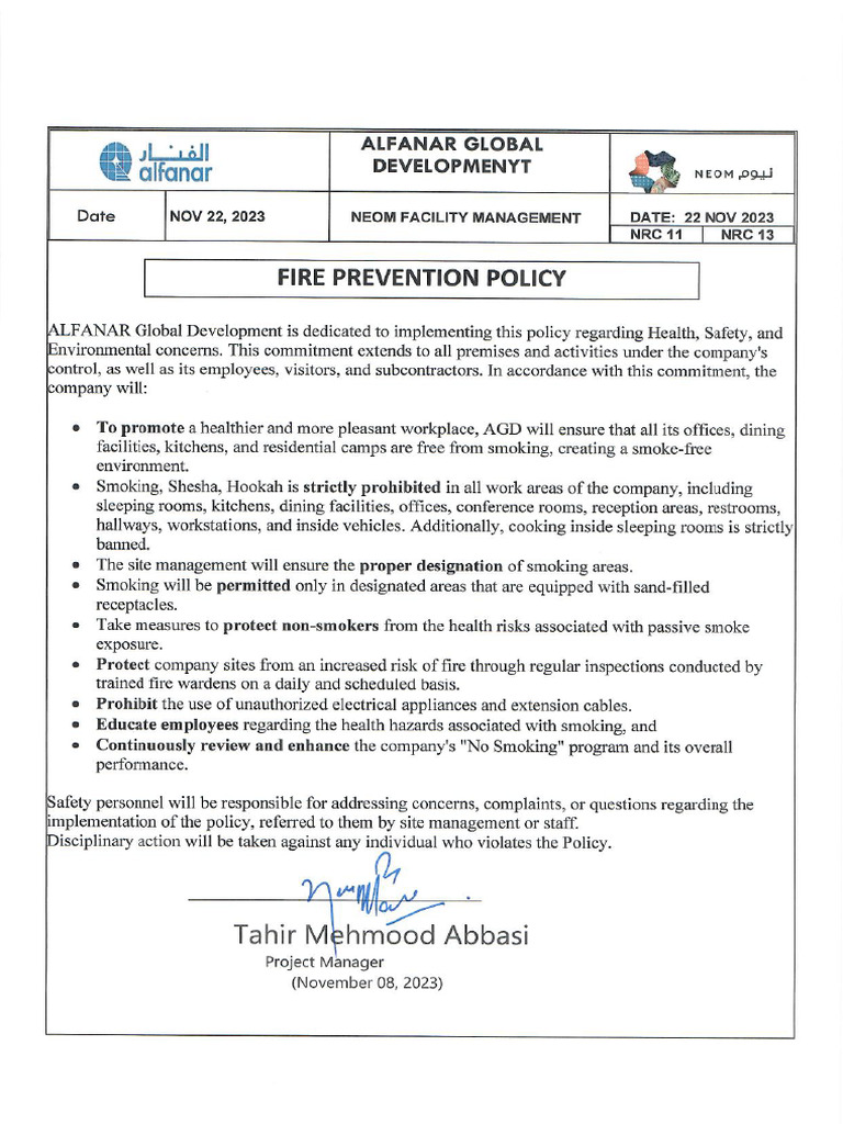 Alfanar Agd NRC - Fire Prevention Policy | PDF