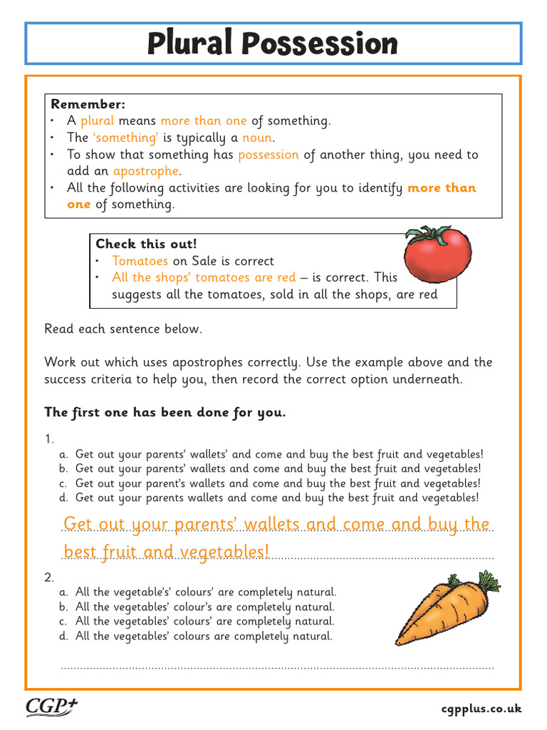 Apostrophes To Denote Plural Possession at The Market (Year 4) Printer ...
