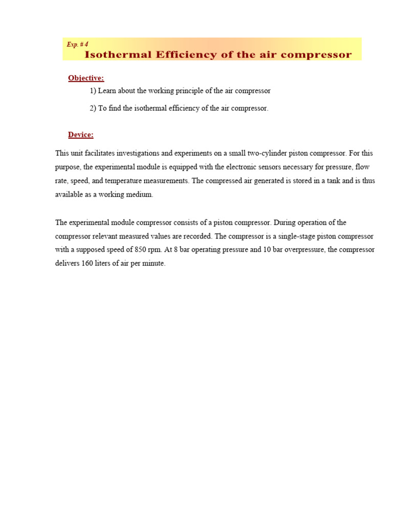 Exp4 - Isothermal Efficiency of The Air Compressor | PDF | Piston | Engines