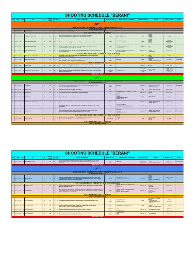 Shooting Schedule Film - Berani - Sheet1 | PDF