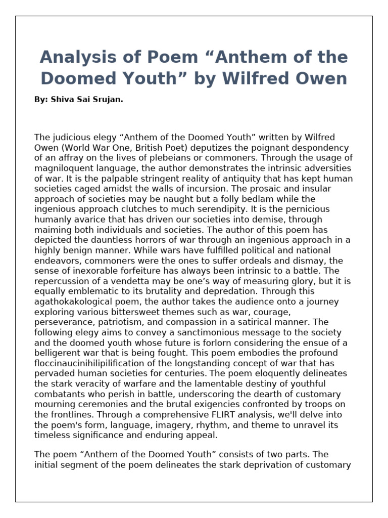Analysis of Poem "Anthem of The Doomed Youth" by Wilfred Owen | PDF ...