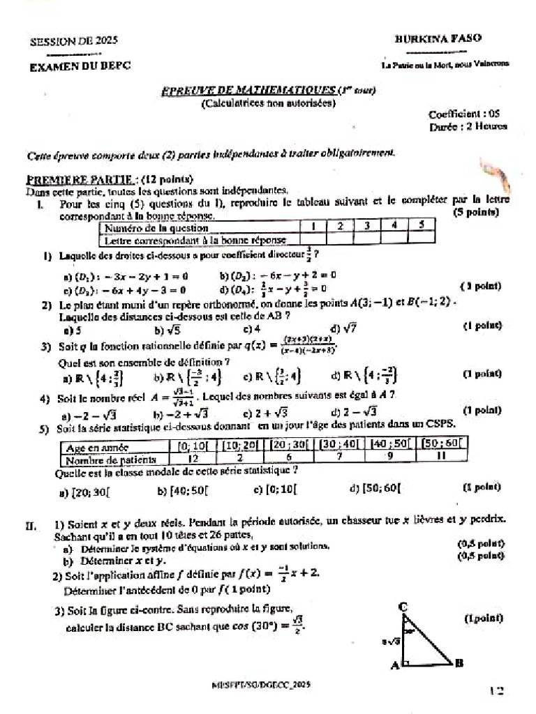 Sujet Et Corrigé Bepc 2025 1er Tour Burkina Faso | PDF
