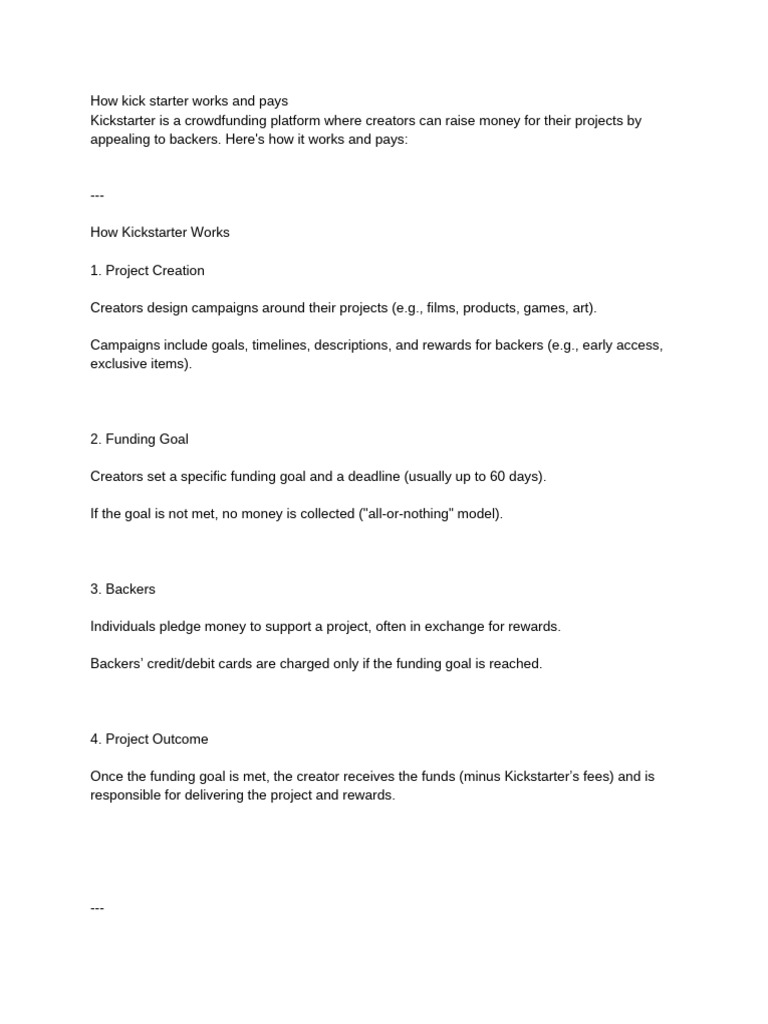 How Kick Starter Works and Pays | PDF | Kickstarter | Money