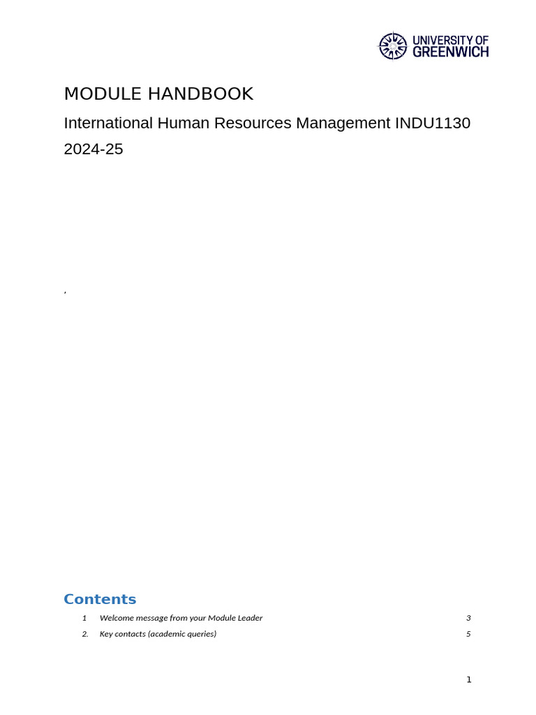 INDU1130 International Human Resource Management Module Handbook 2024 ...