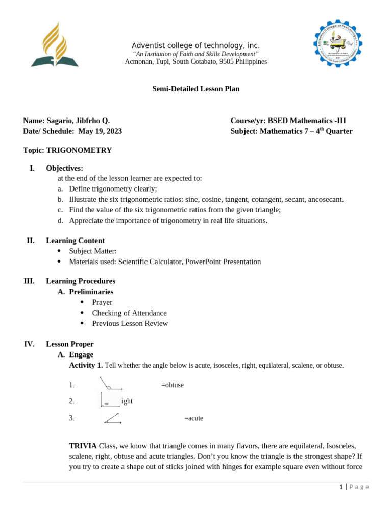 GRADE 7 SEMI-Detailed lESSON PLAN | PDF | Trigonometric Functions ...