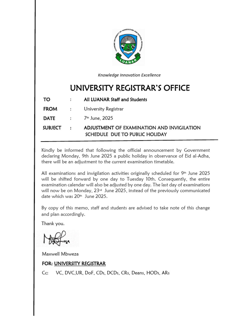 Exam Schedule Change for Eid Holiday | PDF