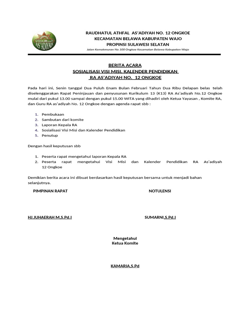 Sosialisasi Visi Misi RA As’adiyah 12 | PDF