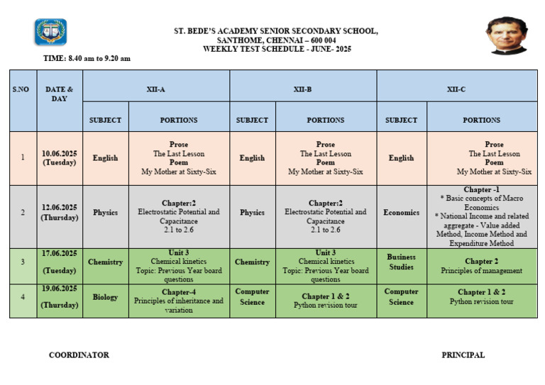 Grade Xii Weekly Test Schedule June Pdf Chemistry