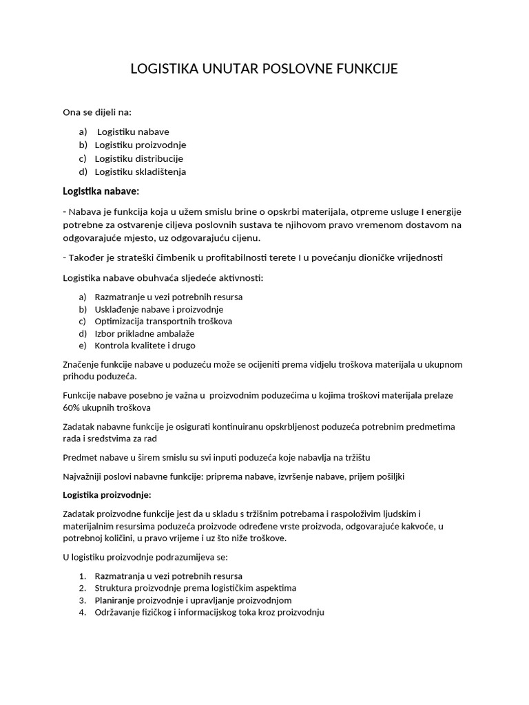 Logistika Unutar Poslovne Funkcije | PDF