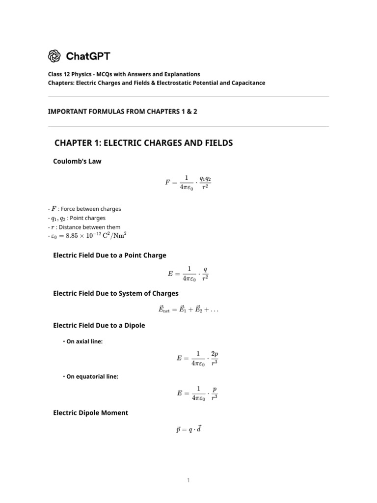 Electrostatics MCQ Questions | PDF | Capacitance | Capacitor
