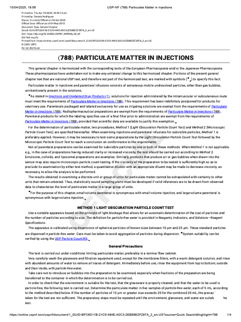 USP-NF 788 Particulate Matter in Injections | PDF | Filtration | Membrane Technology