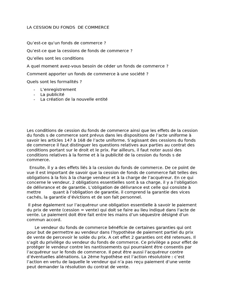 Cession et Apport de Fonds de Commerce | PDF | Assurance | Répartition