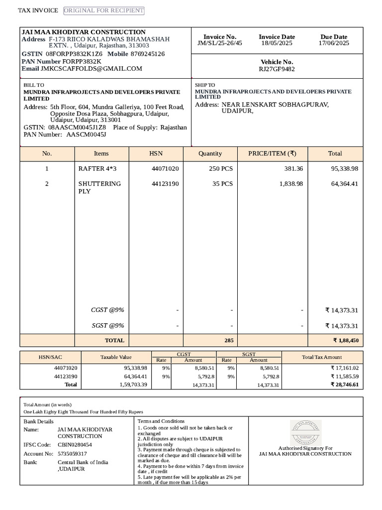 Mundra Infraprojects and Developers Private Limited Sales Invoice JM SL 25-26-45 | PDF | Invoice ...