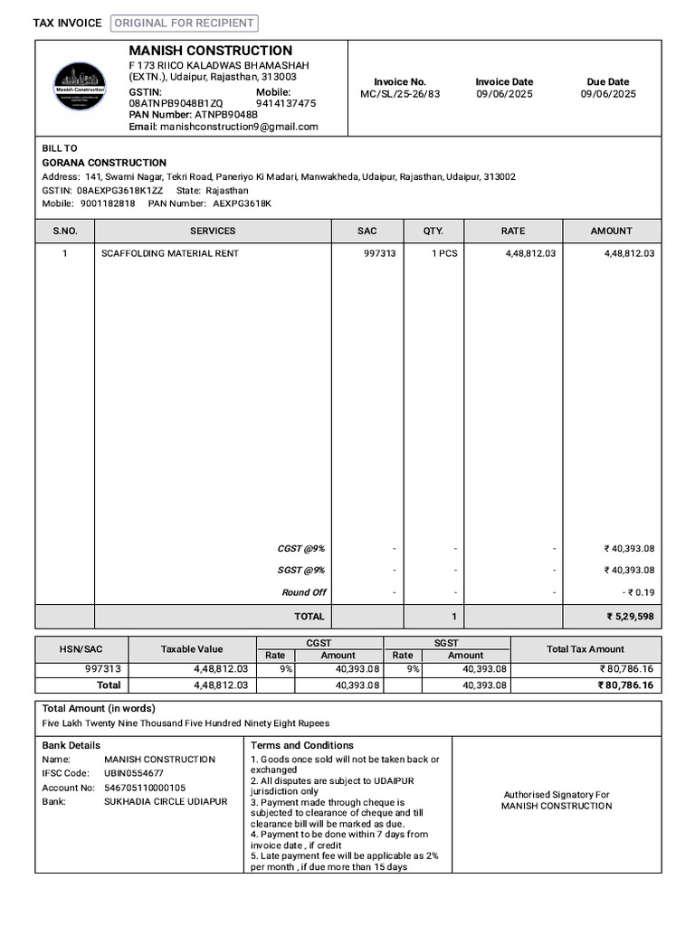 Gorana Construction Sales Invoice MC SL 25-26-83 | PDF | Cheque ...