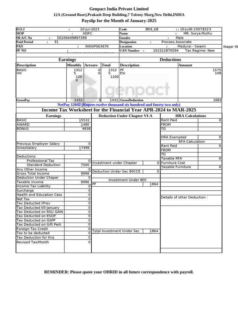 Payslip | PDF | Tax Deduction | Taxes