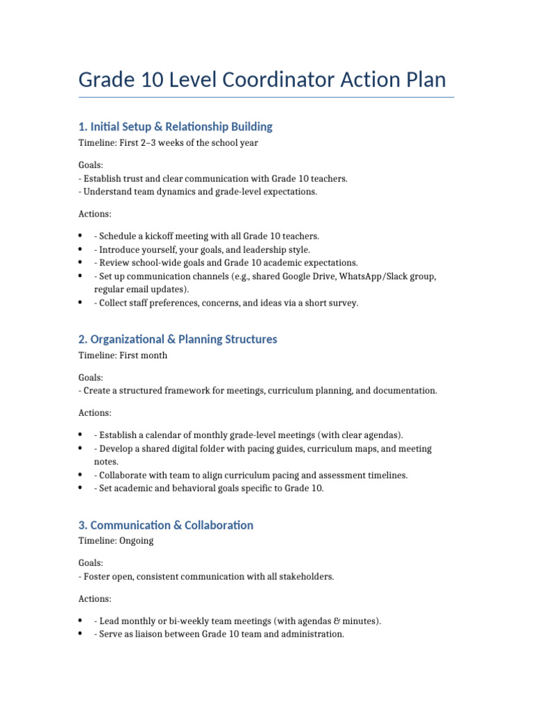Grade 10 Coordinator Action Plan Guide | PDF | Teachers | Goal
