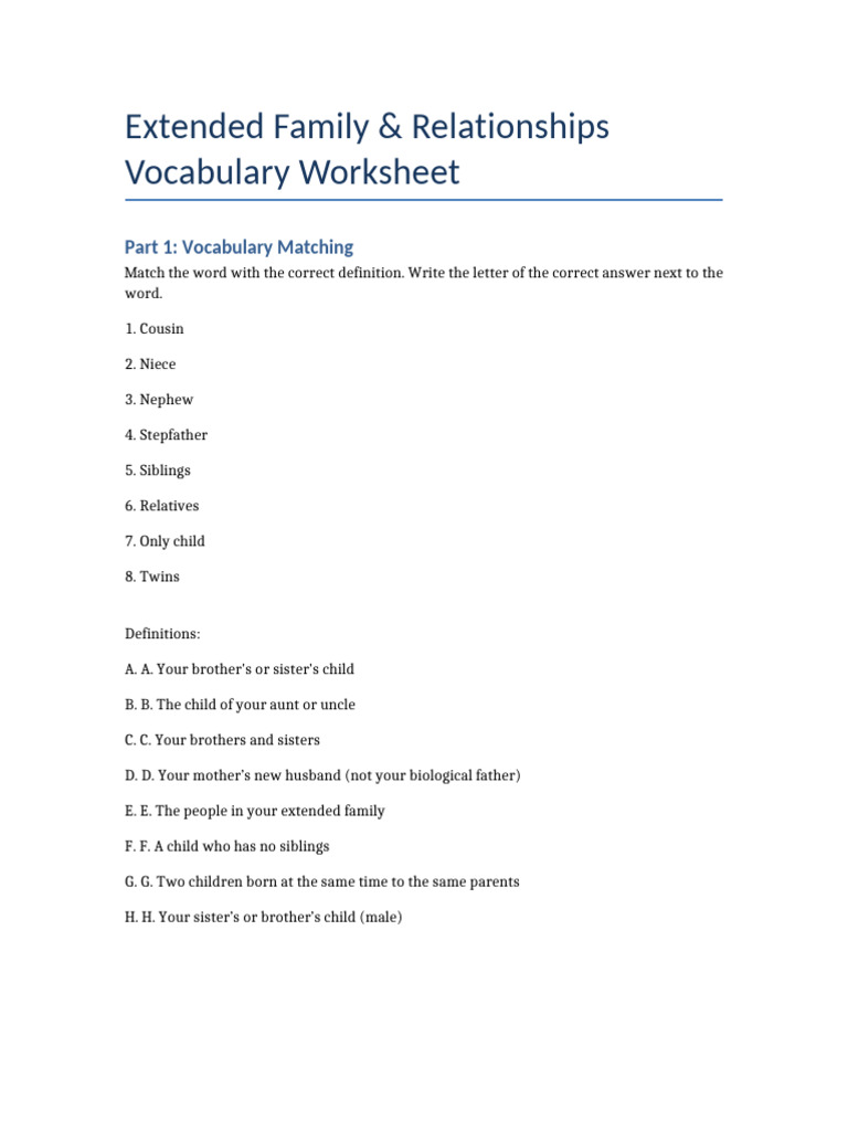 Extended Family Vocabulary Worksheet | PDF
