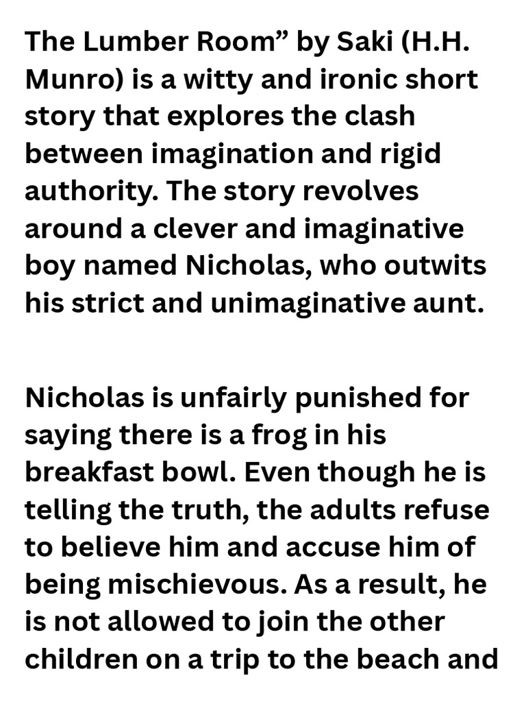 The Lumber Room" by Saki (H.H. Munro) Is A Witty and Ironic Short Story ...