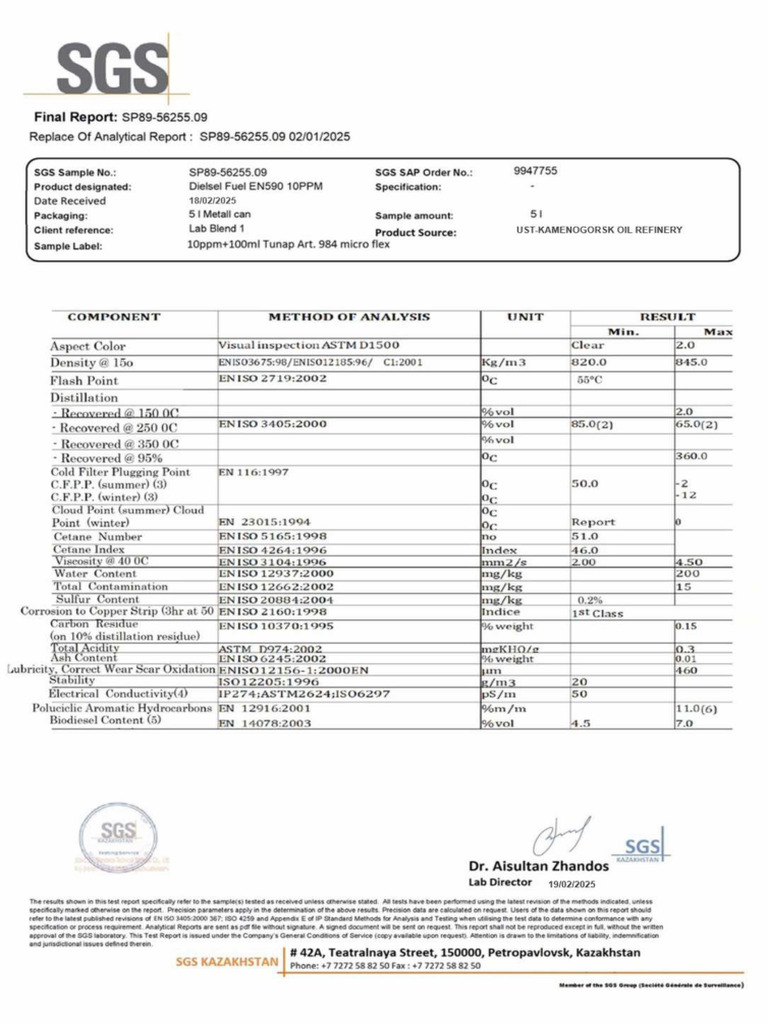 Sgs Report En590 10ppm 100 000 Metric Tons | PDF