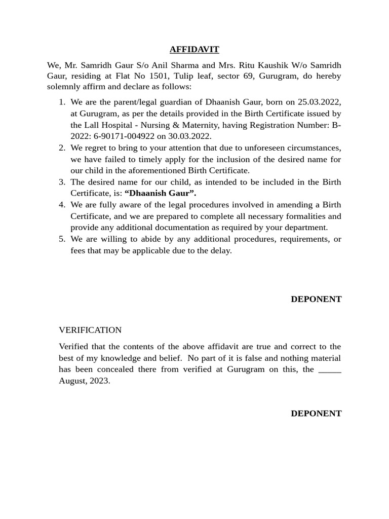 Affidavit for Birth Certificate Amendment | PDF