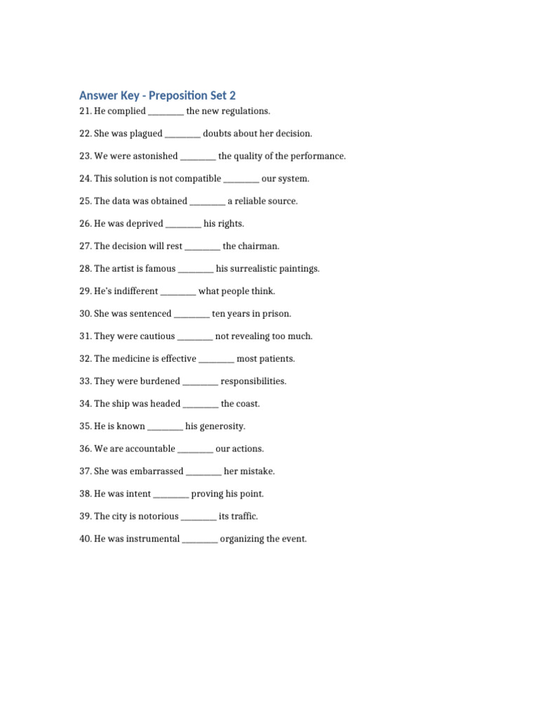 Prepositions Set 2 Answers | PDF