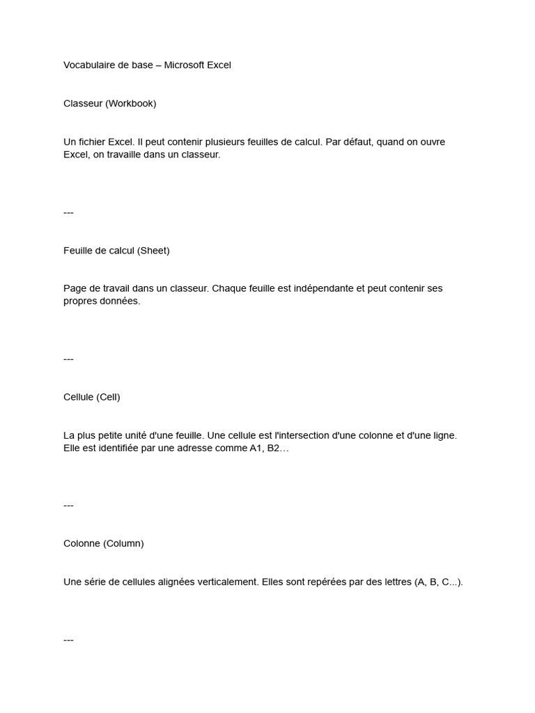 Lexique de base pour Microsoft Excel | PDF