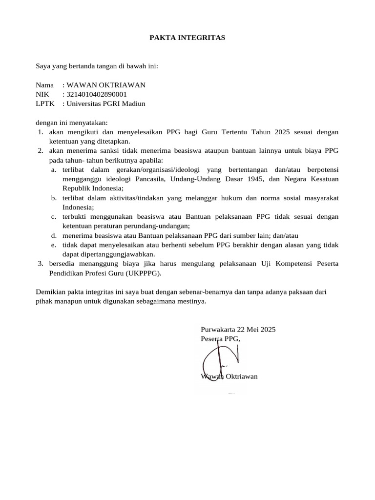 Form Pakta Integritas 2025 Gt t1 (1) | PDF