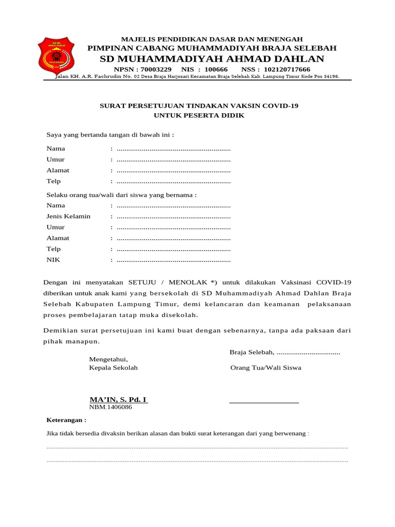 Surat Persetujuan Vaksin COVID-19 Siswa | PDF