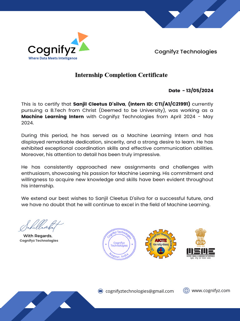 Cognifyz Internship Certificate - Sanjil D'silva | PDF