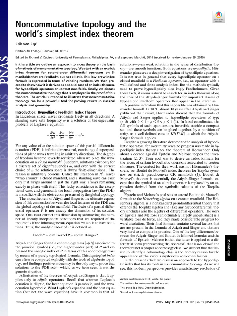 Van Erp Noncommutative Topology and the World s Simplest Index Theorem | PDF | Differential ...
