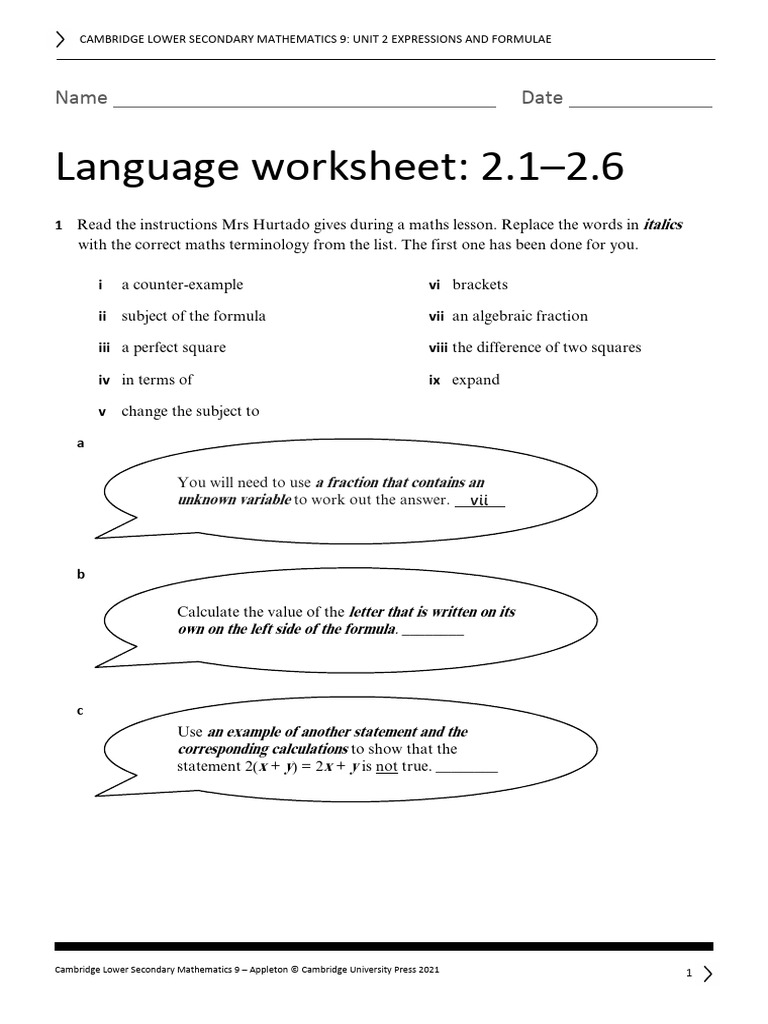Unit 2 Language Worksheet 1 2.1-2.6 | PDF | Mathematics | Formula