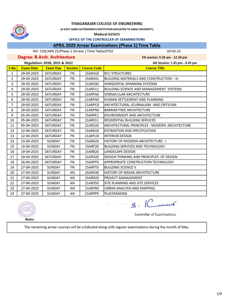 0702 April 2025 Arrear Examinations Phase 1 Time Table Updated Reg ...