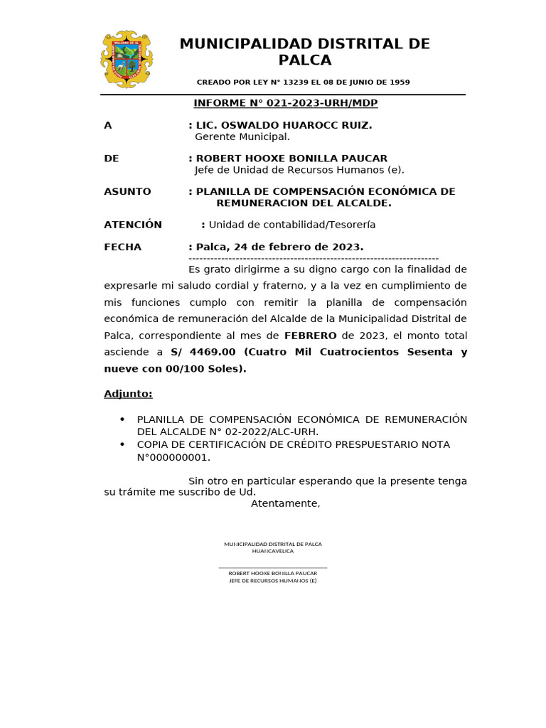 Informe N°021... Remito Planilla de Remuneracion - Alcalde Mes de ...