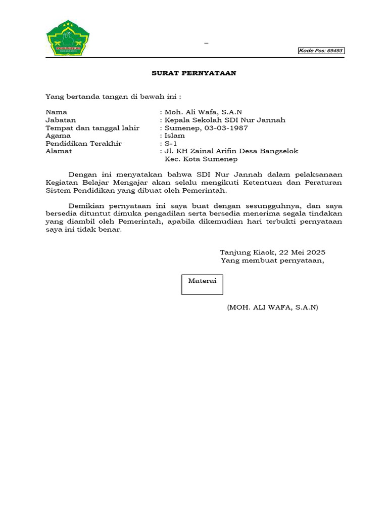 Surat Pernyataan SDI NUR JANNAH | PDF