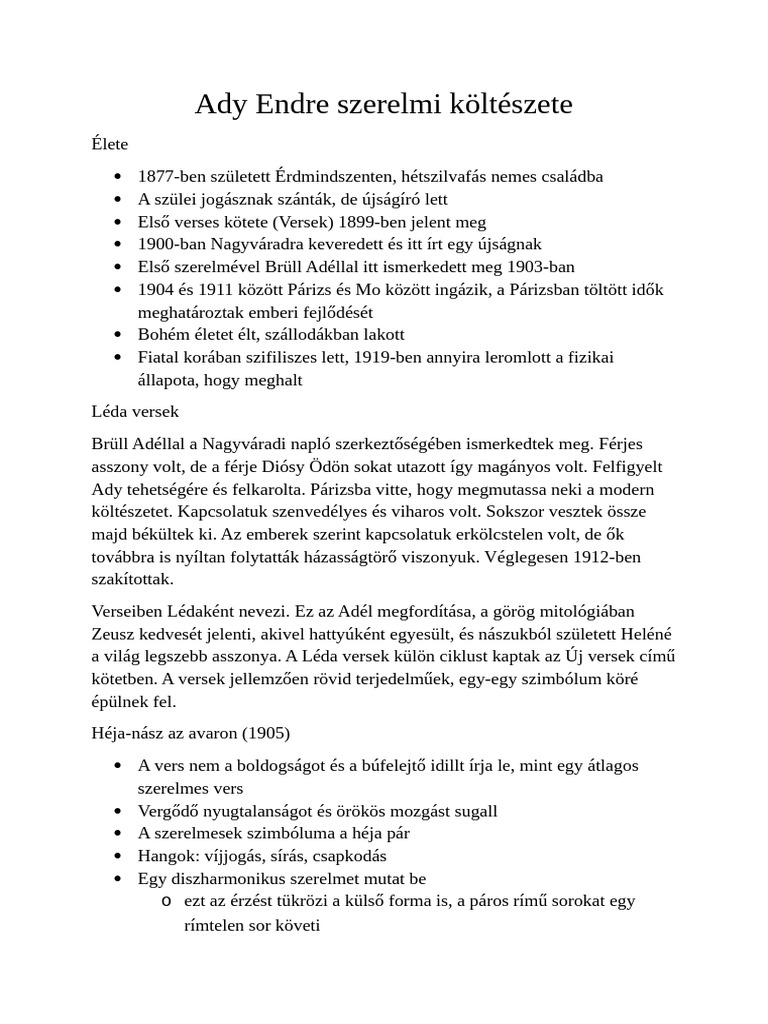 Ady Endre Szerelmi Költészete | PDF